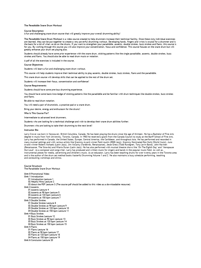 The Paradiddle Snare Drum Workout Outline PDF | PDF | Drumming