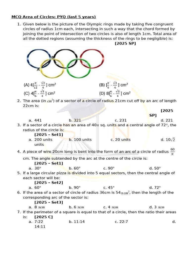 MCQs on Circle Sector Areas | PDF | Circle | Angle