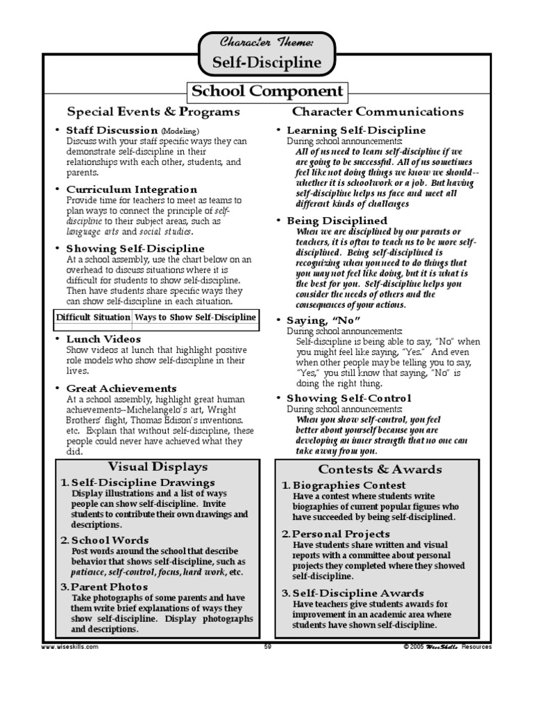 Self-Discipline School Component: Character Theme | PDF | Educational ...