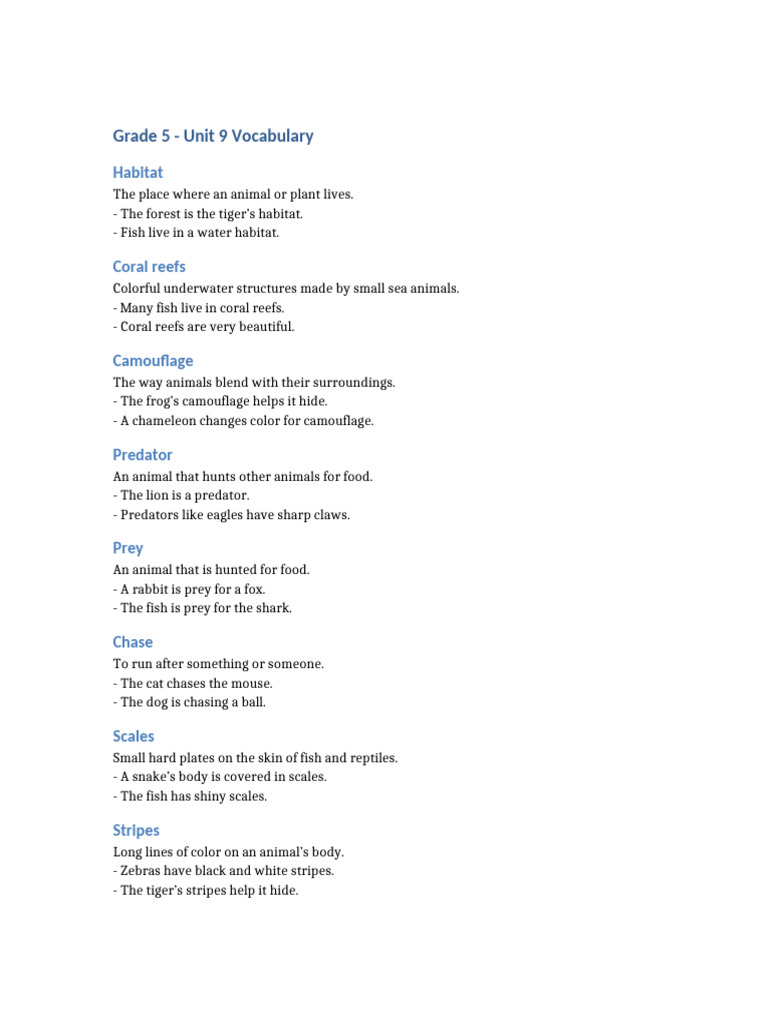 Grade 5 Vocabulary: Animal Habitats & Traits | PDF