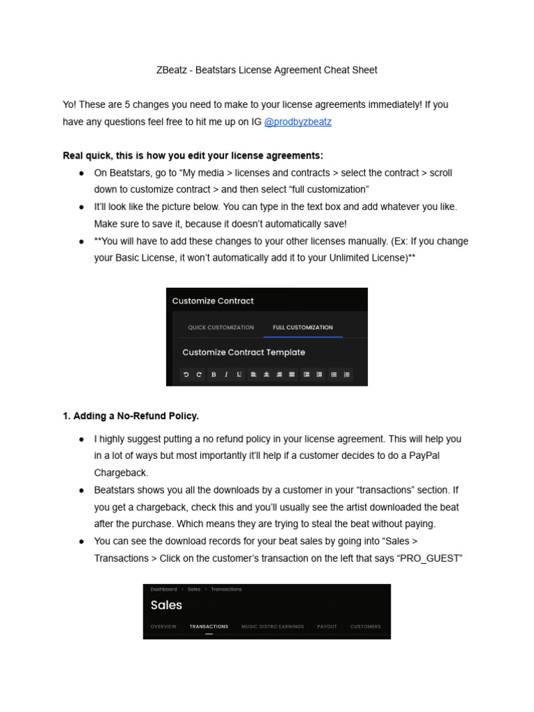 ZBeatz - License Agreements Cheat Sheet | PDF | License | Royalty Payment