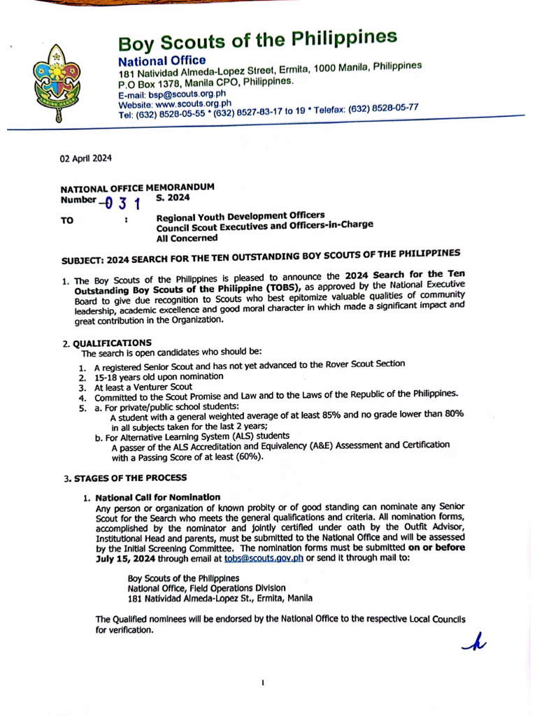 BSP NO Memorandum No. 31 s.2024 2024 Search For The Ten Outstanding Boy ...