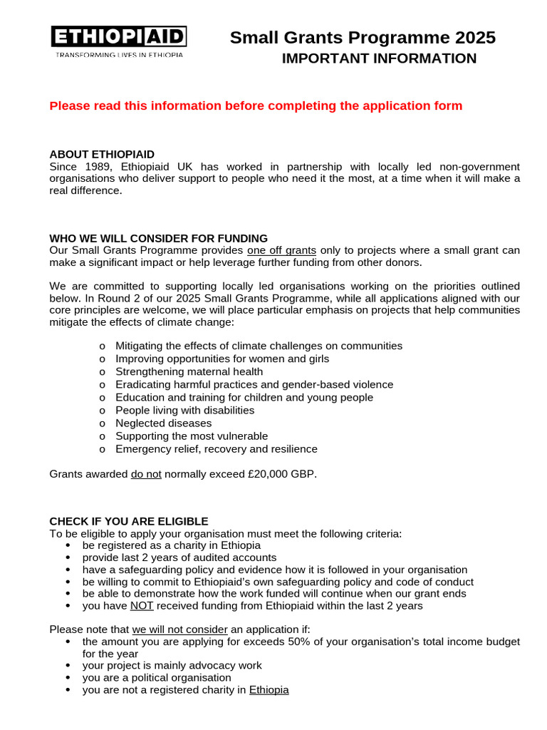 Ethiopiaid Small Grant Application Form Round 2 2025 | PDF | World ...