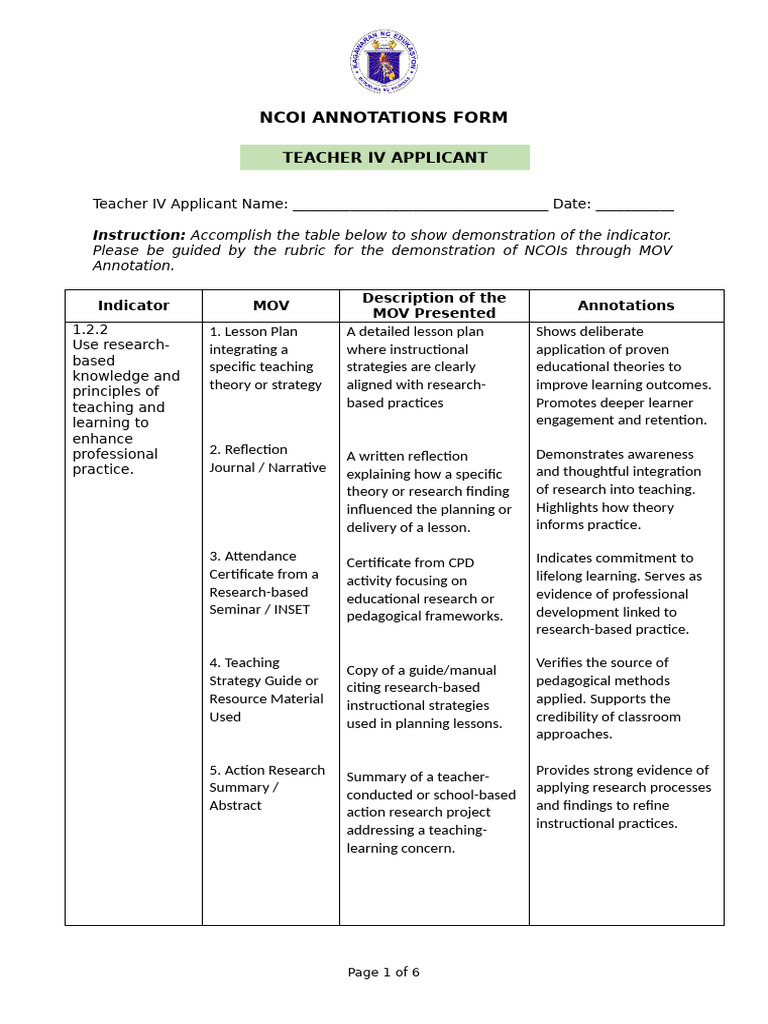 NCOI Annotations Form For Teacher IV Applicant | PDF | Educational ...