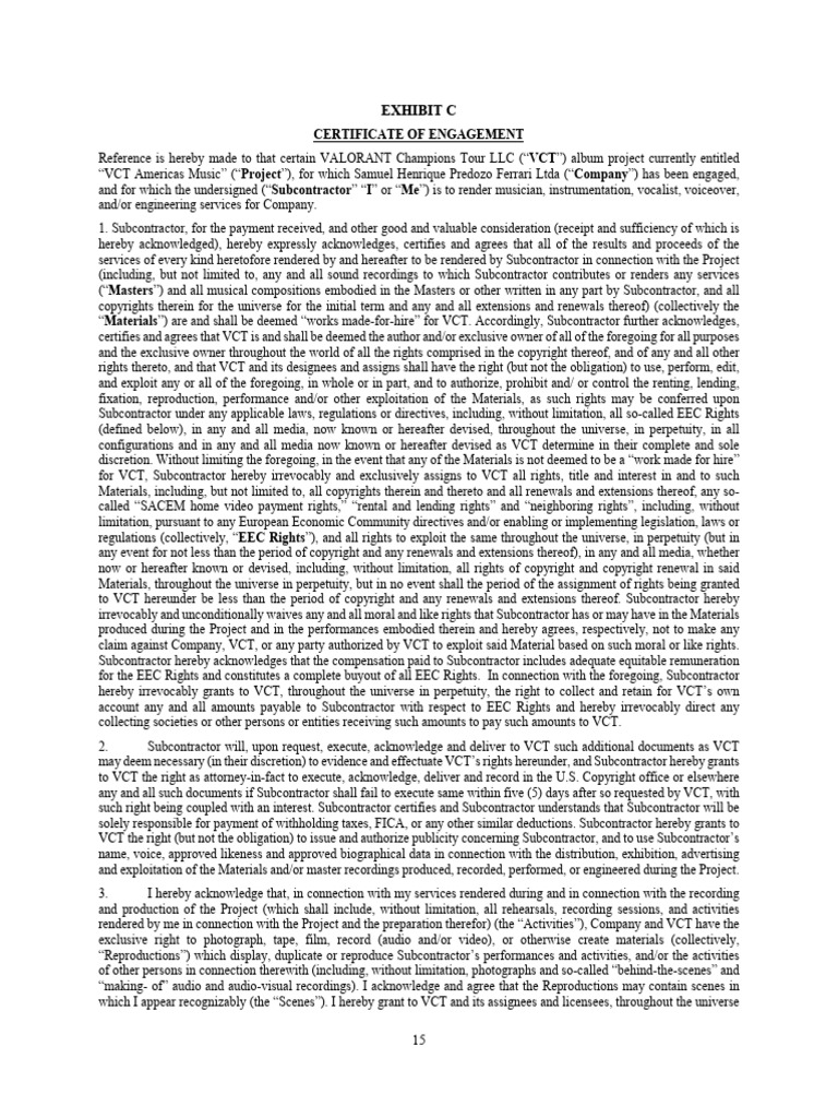 Certificate of Engagement (25 VCT Americas - Samuel Ferrari) | PDF ...