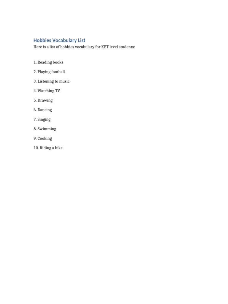 Hobbies Vocabulary for KET Students | PDF