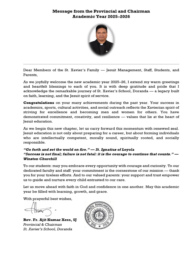 Message From The Provincial and Chairman | PDF