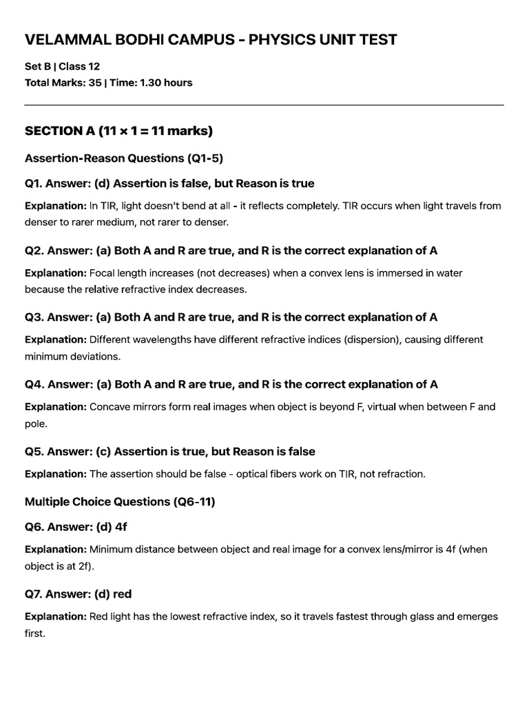 Physics Unit Test - Answer Key (Set B) | PDF