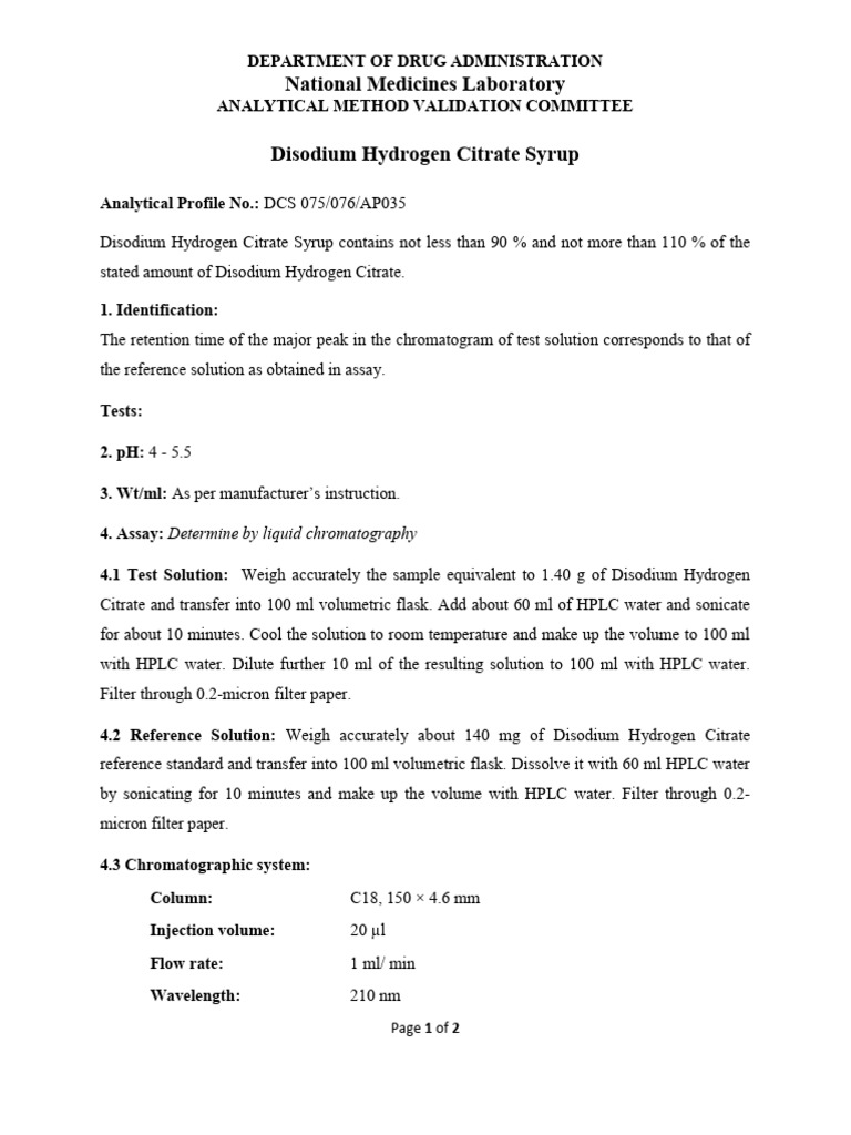 Disodium Hydrogen Citrate Syrup | PDF | High Performance Liquid ...