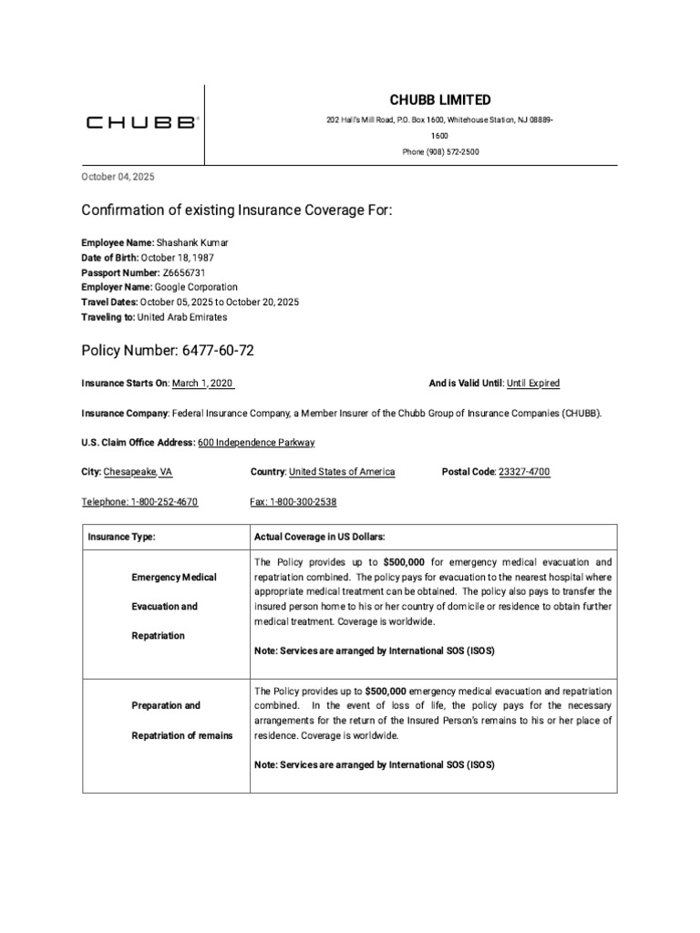 CHUBB - Travel Insurance Confirmation Letter 2025-10-04 | PDF ...