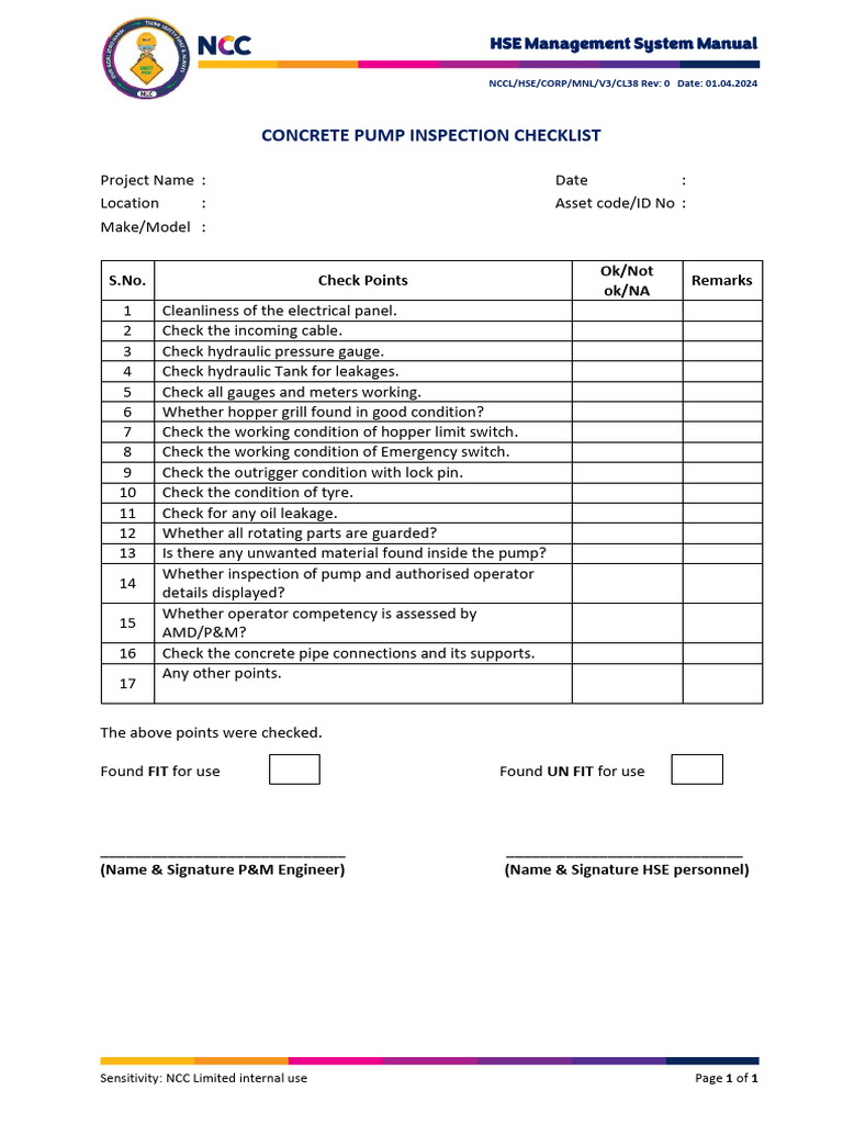 38 Concrete Pump Inspection Checklist | PDF
