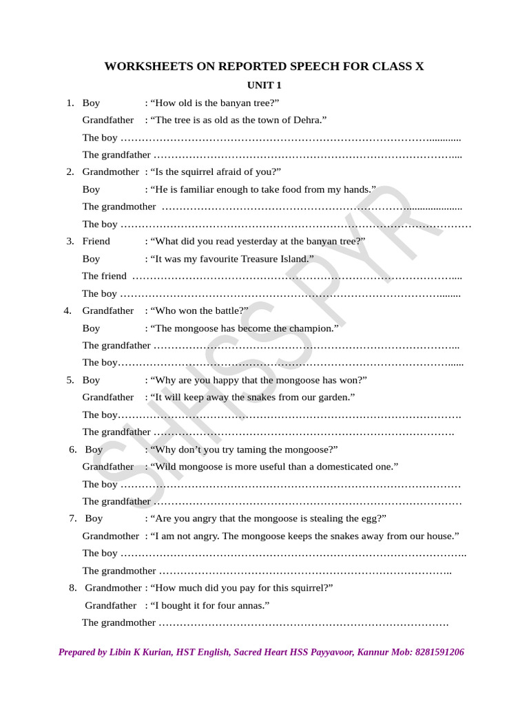 Reported Speech Worksheets for Class X | PDF