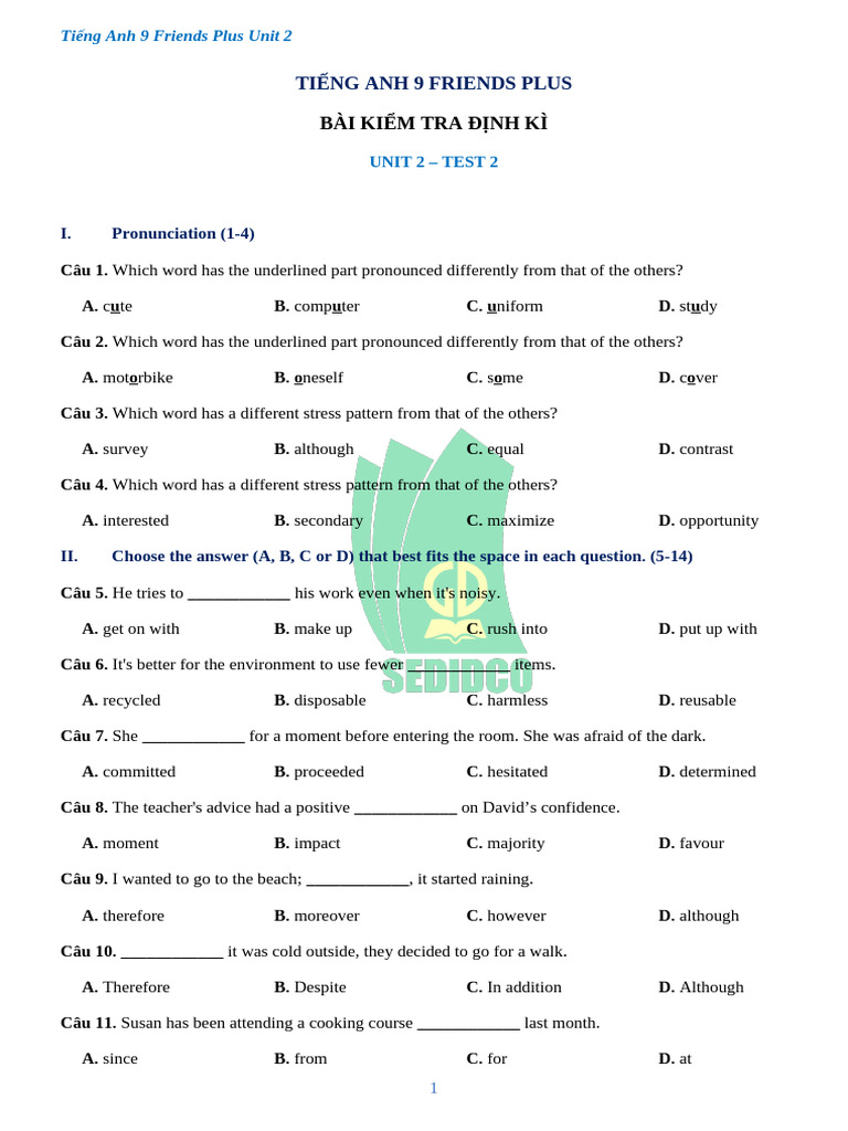Tiếng Anh 9 Friends Plus Unit 2 Test 2 | PDF | Time Management ...