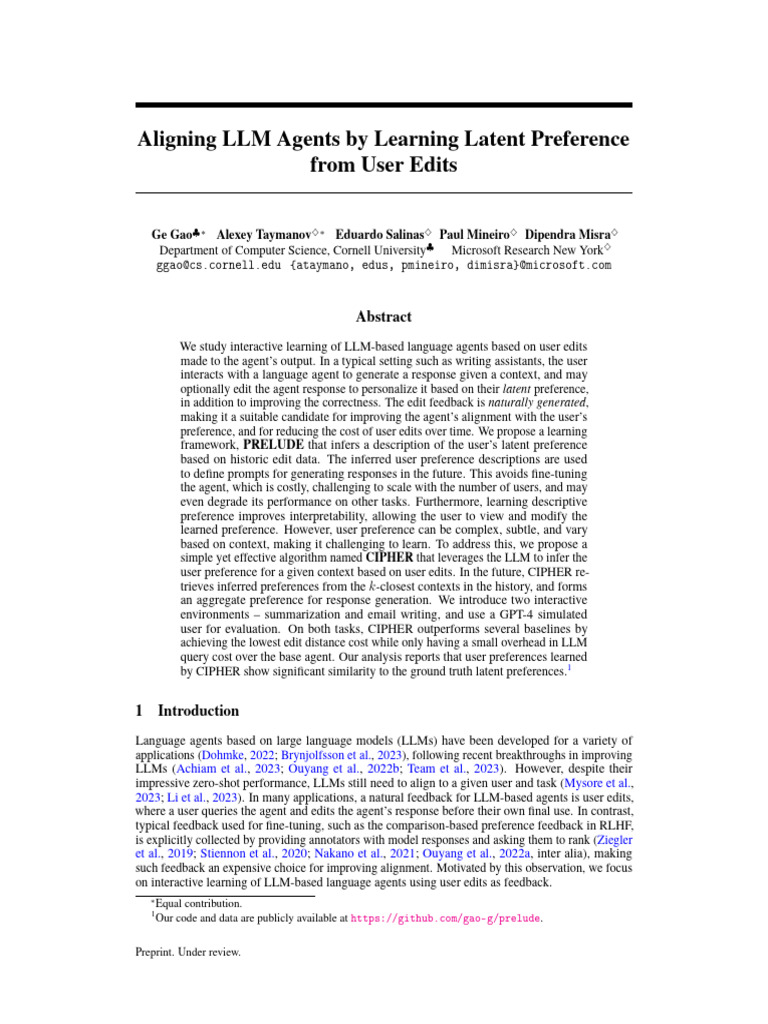 Aligning LLM Agents by Learning Latent Preference From User Edits | PDF | Information Science ...
