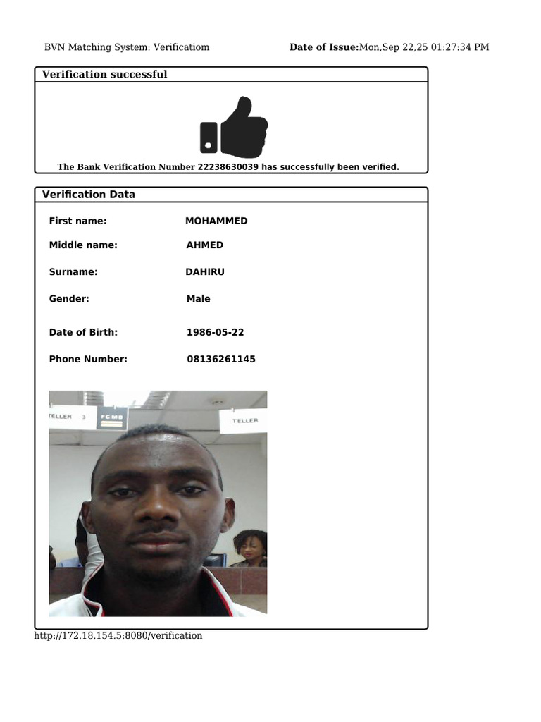 Mohammed Dahiru 222386300 Bvn Slip | PDF