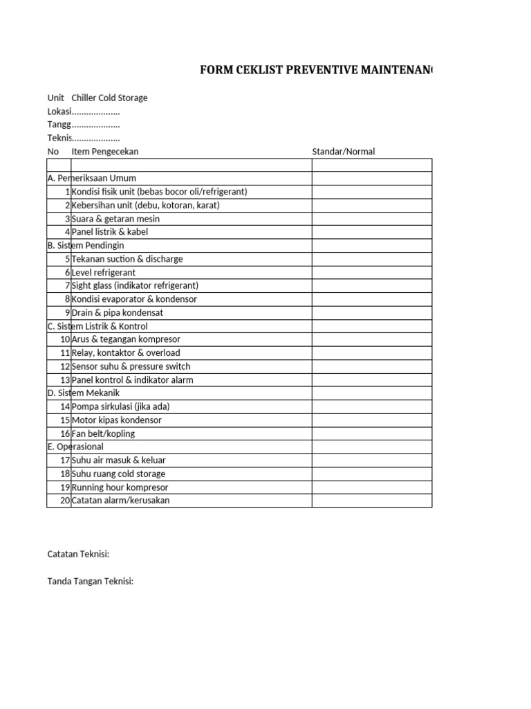 Form Ceklist Preventif Chiller | PDF