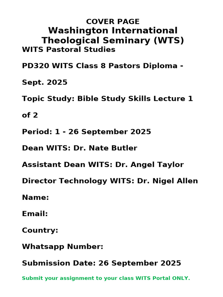 Assignment PD320 WITS Class 8 Pastors Diploma Bible Study Skills ...