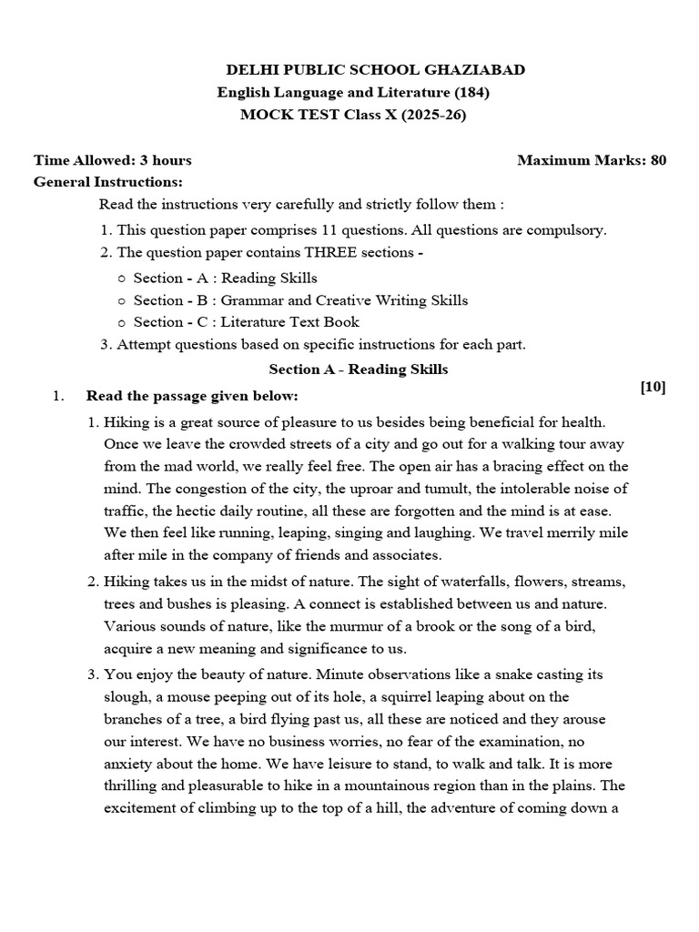 Mock Test Paper English Class 10 25-26 | PDF | Glacier | River