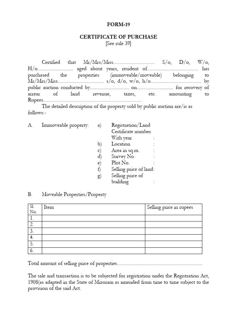 Certificate of Purchase - Form 19 | PDF