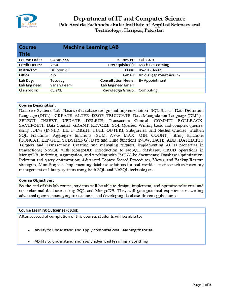 Lab Card Machine Learning Sana Saleem | PDF | No Sql | Support Vector ...