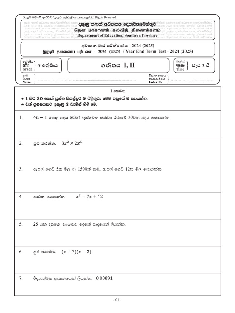Grade 9 Maths Paper 2025 | PDF
