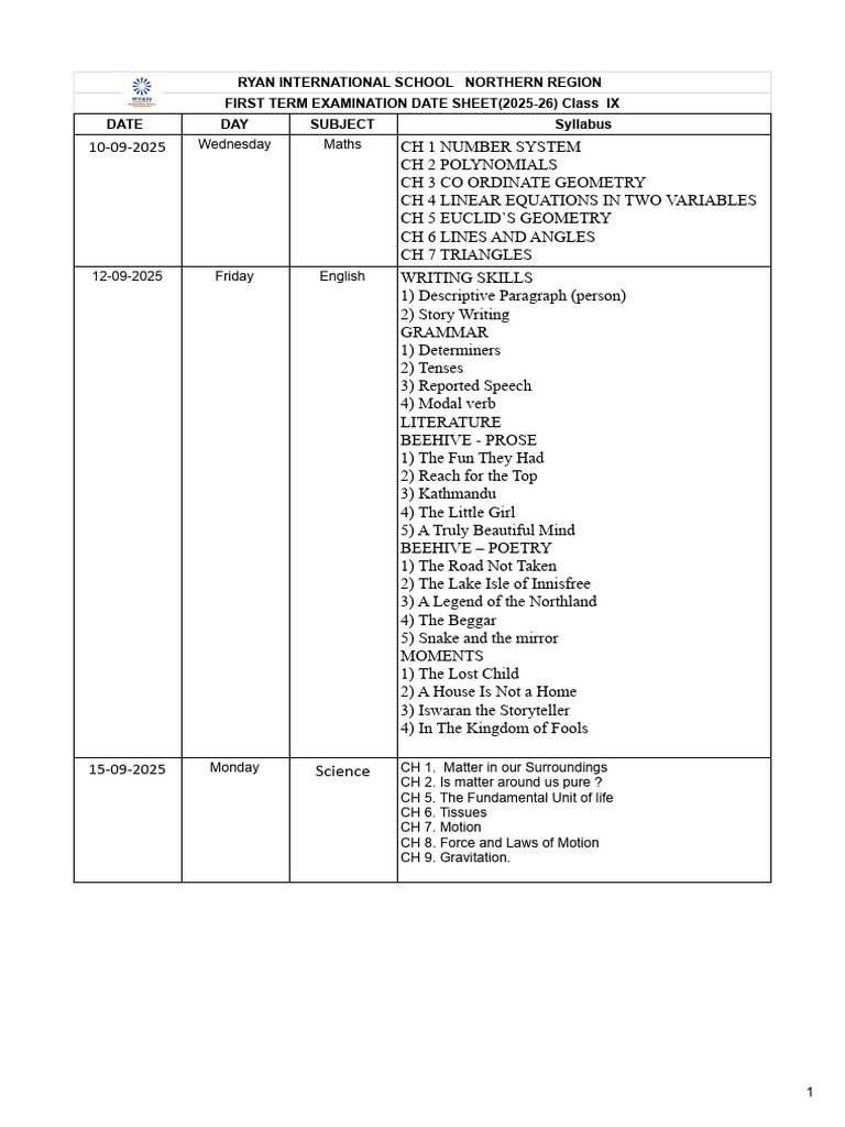 Class Ix-First Term Examination Date Sheet (2025-26) | PDF