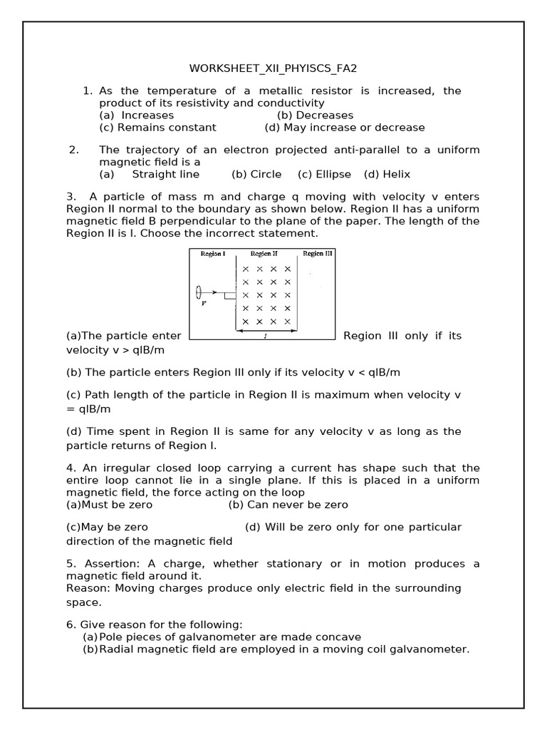 Physics Worksheet on Electric and Magnetic Concepts | PDF | Magnetic ...