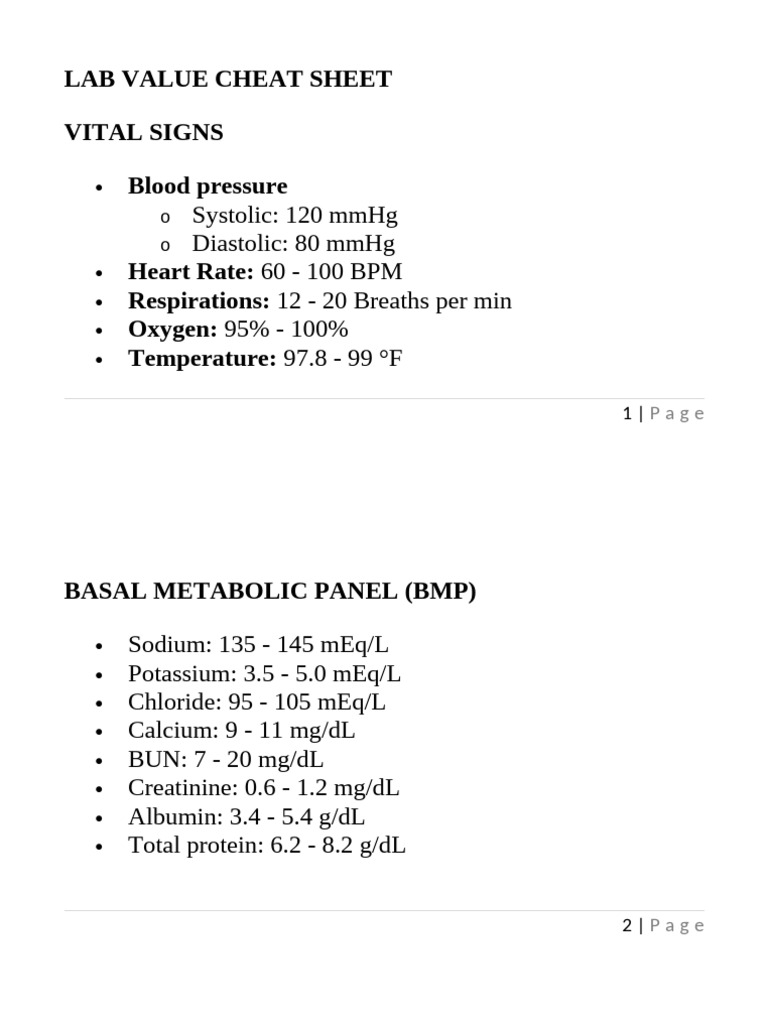 Lab Value Cheat Sheet | PDF | Magnesium | Medical Specialties