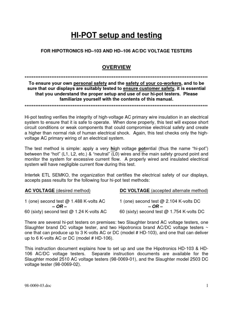 Hi-Pot Test Instructions, Hipotronics Models HD-103 and HD-106 | PDF ...
