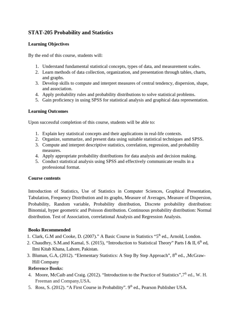 16 Week Plan STAT-205 Probability and Statistics | PDF | Statistics | Probability Distribution