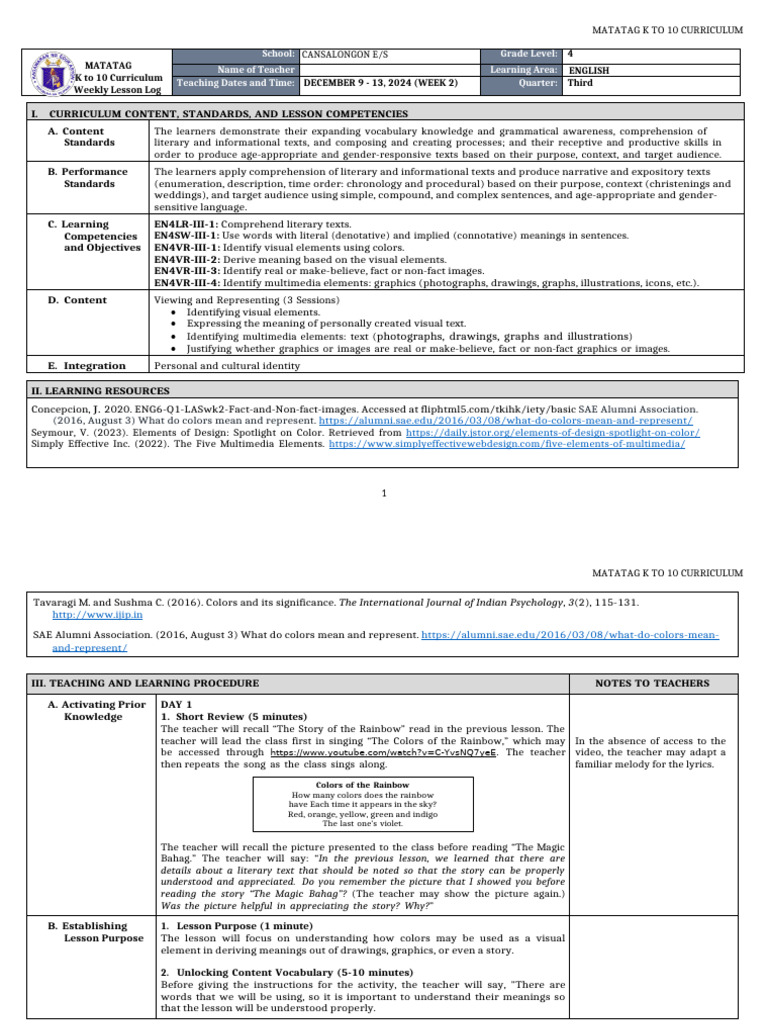 K-10 English Weekly Lesson Plan | PDF | Graphics | Cognition