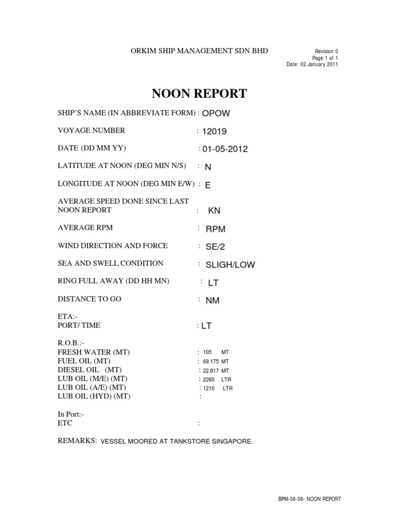 Noon Report Format for Ships | PDF