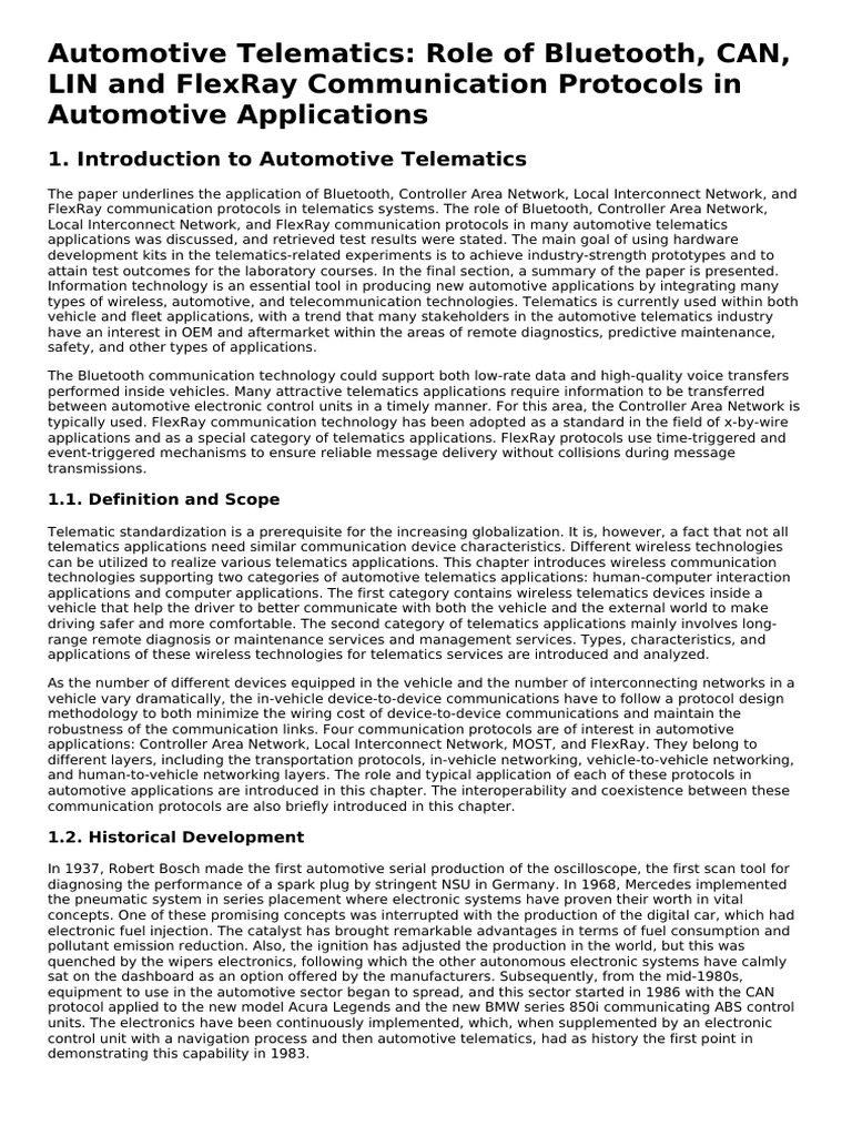 Automotive Telematics - Role of Bluetooth, CAN, LIN and FlexRay ...