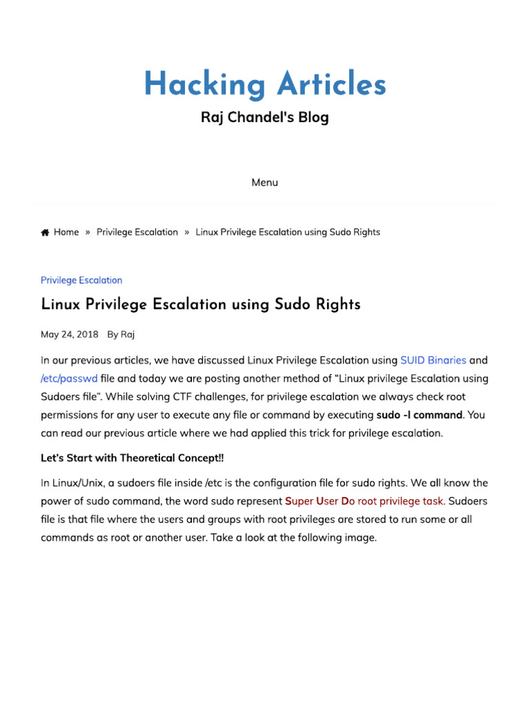 Linux Privilege Escalation Using Sudo Rights | PDF