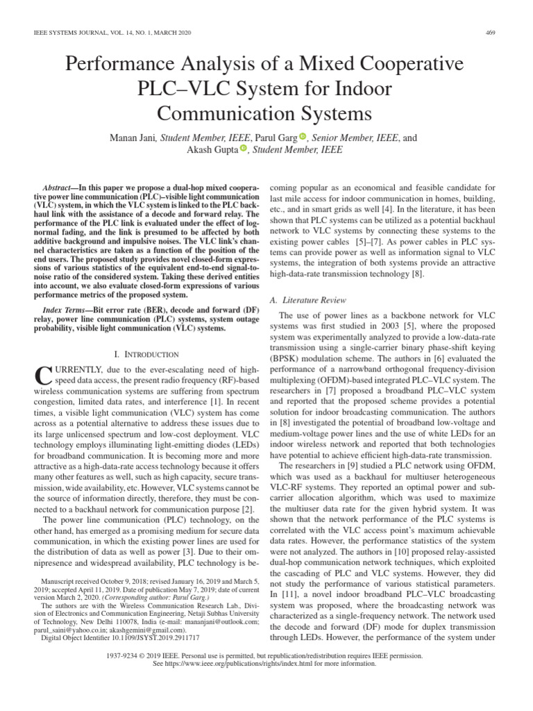 Performance Analysis of a Mixed Cooperative PLC–VLC System for Indoor ...
