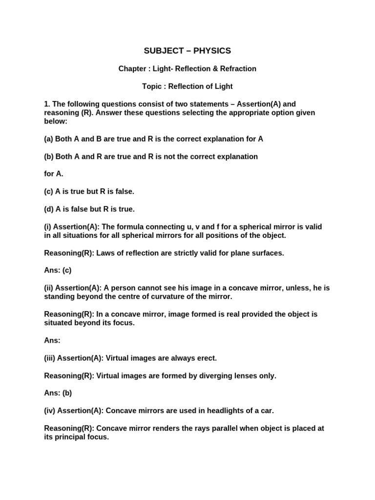 Physics ASSIGNMENT-Reflection and Refraction of Light) | PDF | Mirror | Optics