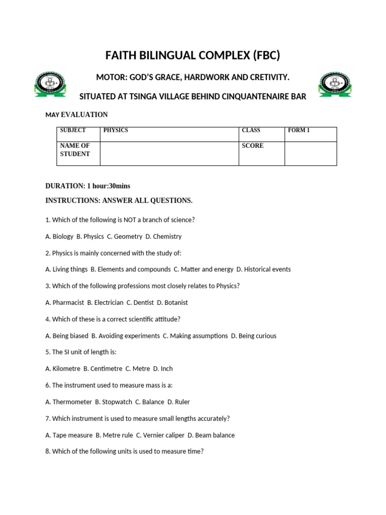 Form 1 Physics Evaluation Test | PDF | Mass | Force