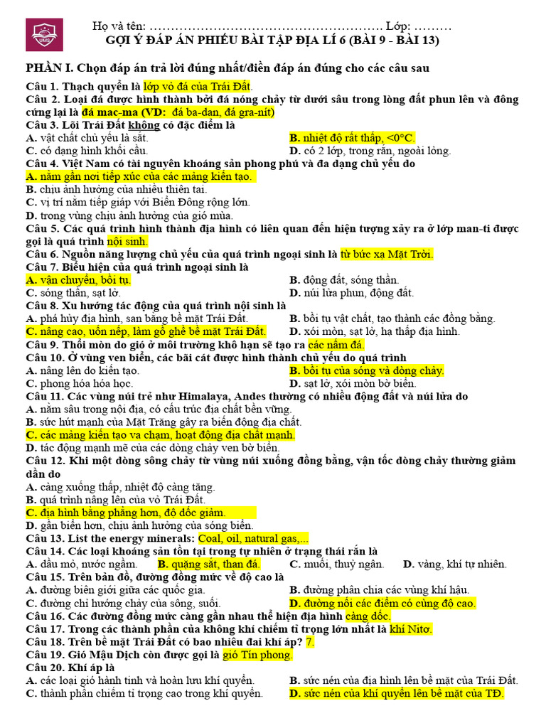Gợi ý Đáp Án Phiếu Bt b9-13 - địa 6 - Ums | PDF