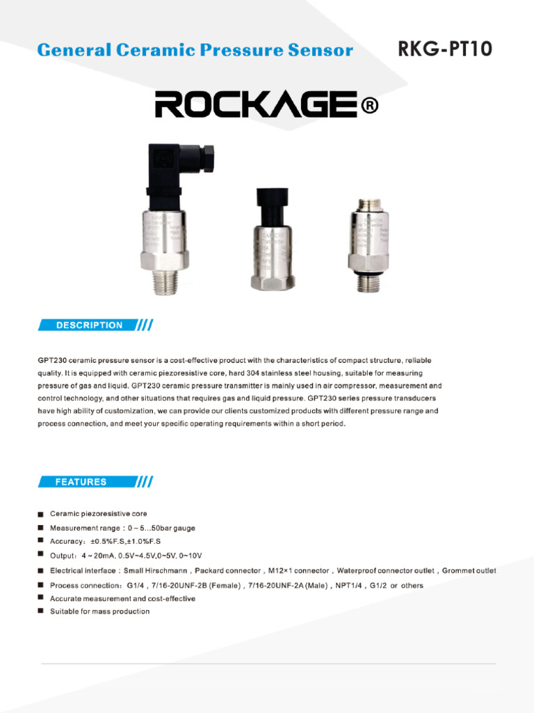RKG PT10 Pressure Transmitter Rockage | PDF