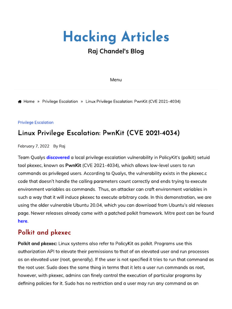 Linux Privilege Escalation PwnKit (CVE 2021-4034) | PDF