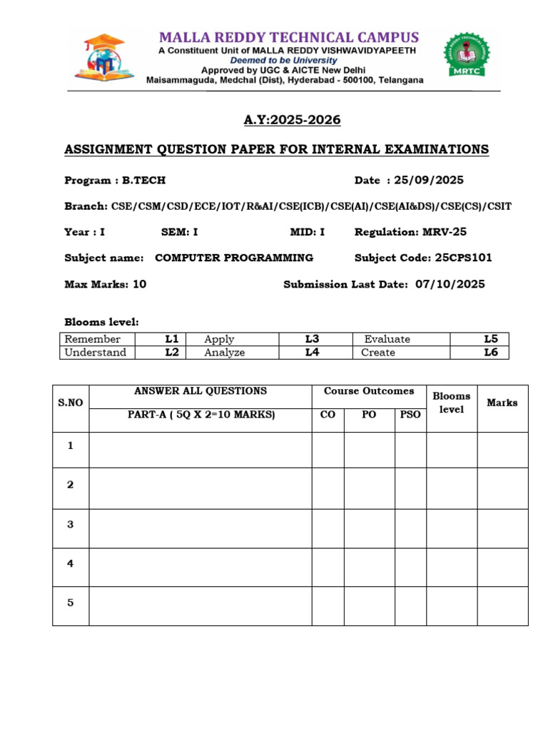 B.Tech Computer Programming Exam Paper | PDF