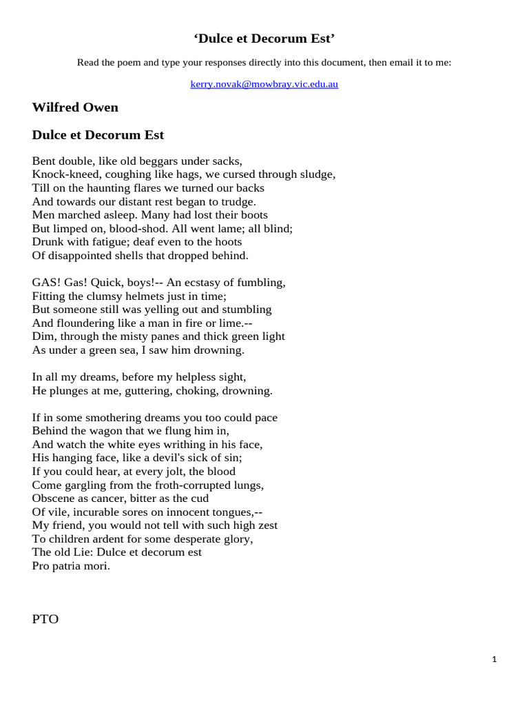 Dulce Et Decorum Est-Worksheet Questions | PDF | Poetry