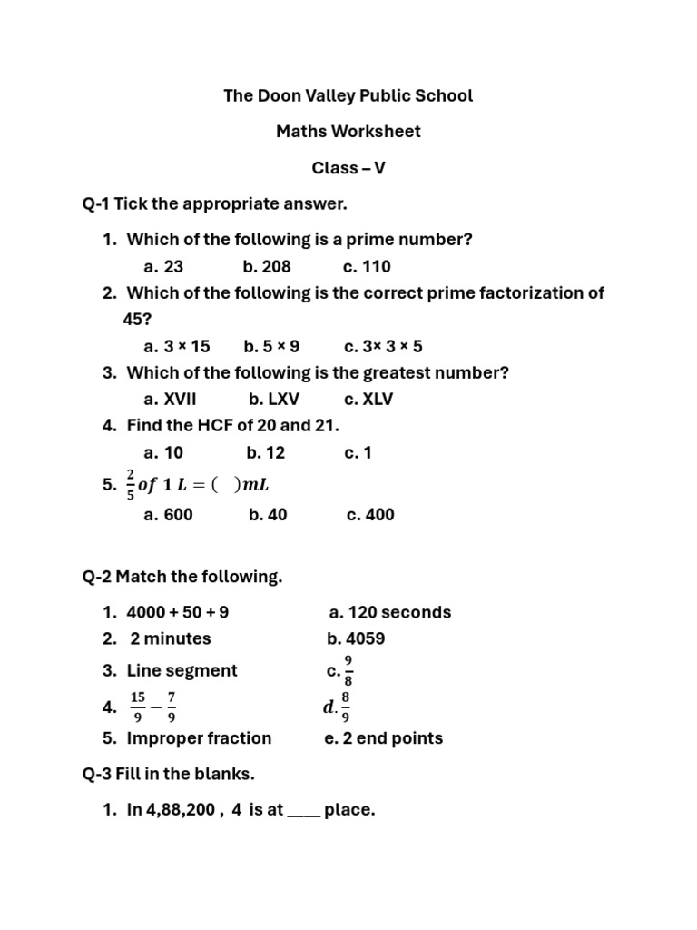 Maths Cumulative Worksheet Class - V - 24217 | PDF