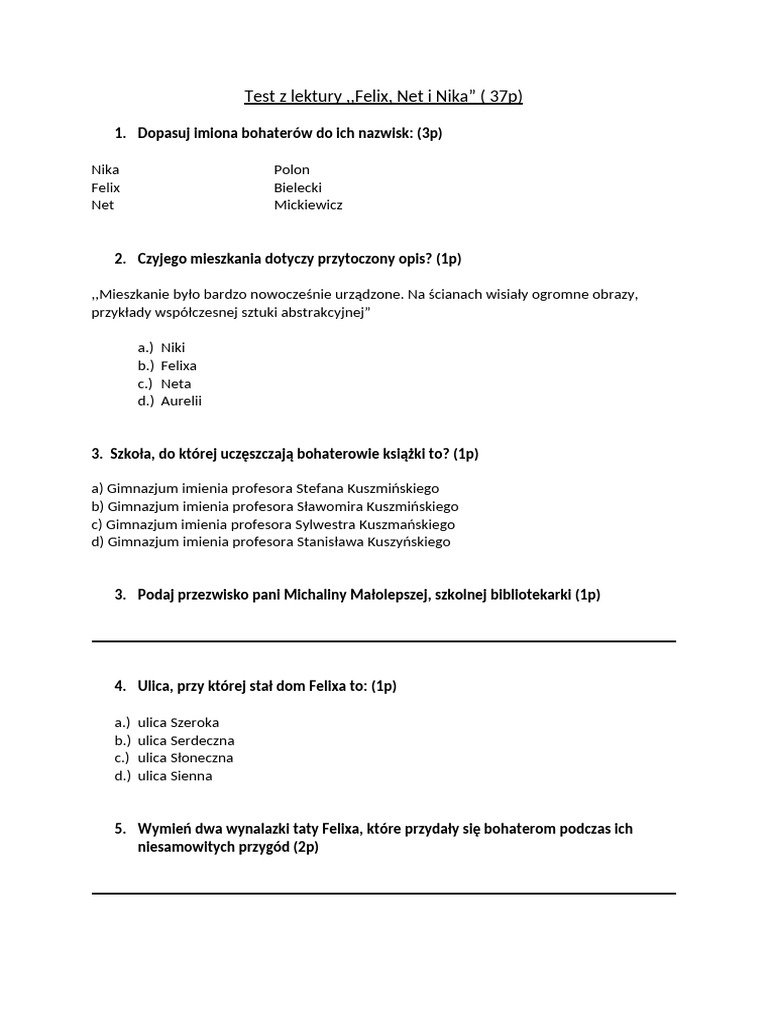 Test Z Lektury Felix, Net, Nika | PDF