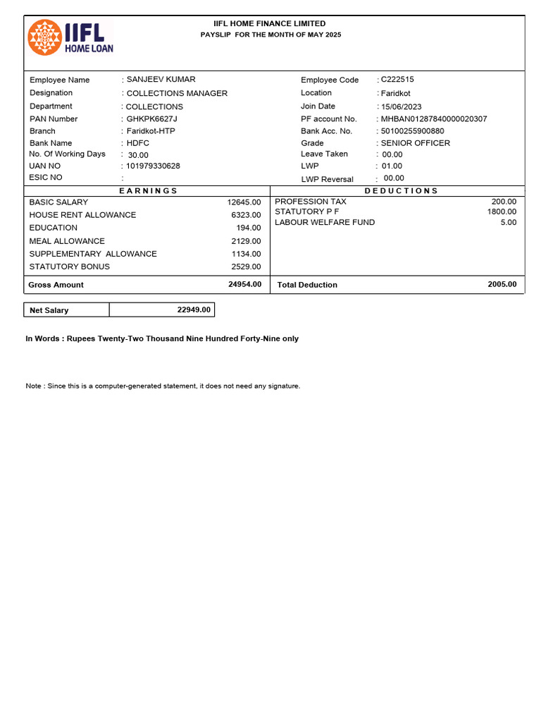 Monthly Payslip | PDF