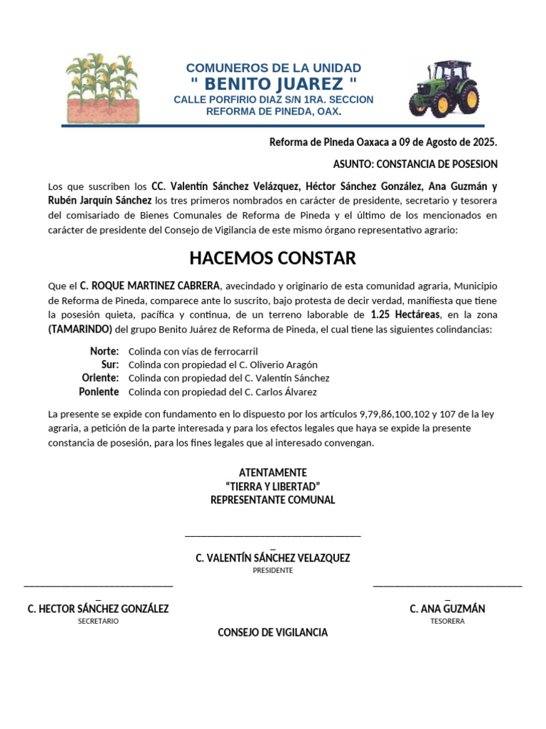 Contsancia Comuneros Con Colindancias | PDF | México