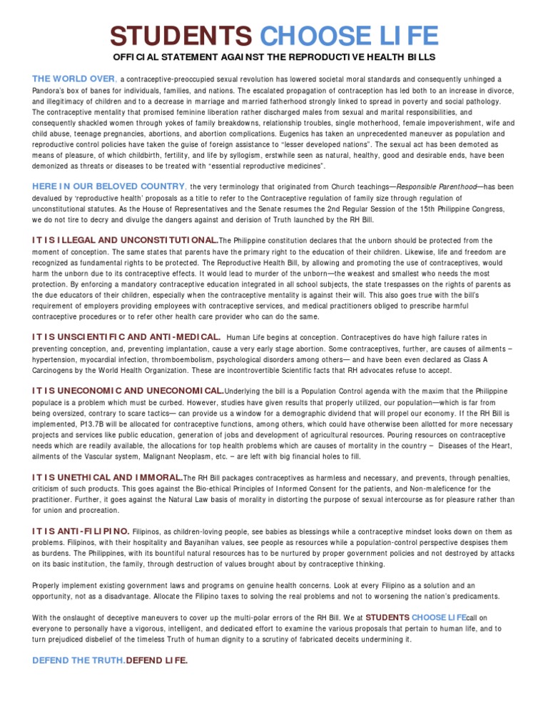 Students Choose Life Stand On The RH Bill | PDF | Birth Control ...