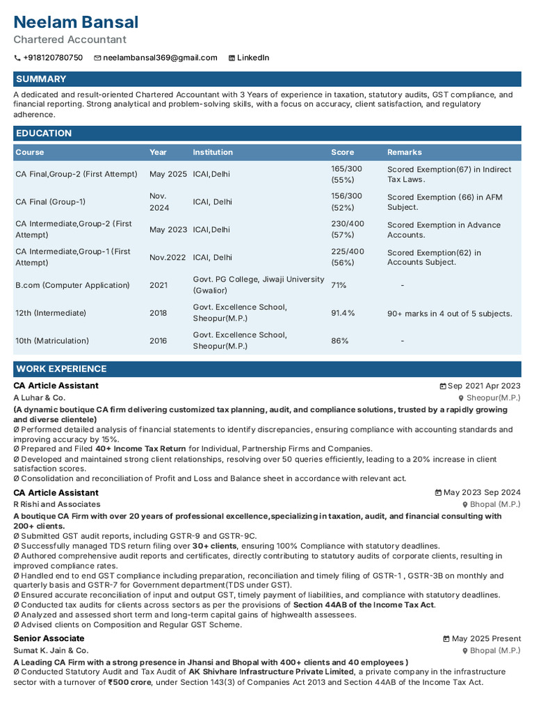 Neelam Bansal_Resume (1) | PDF | Audit | Taxes