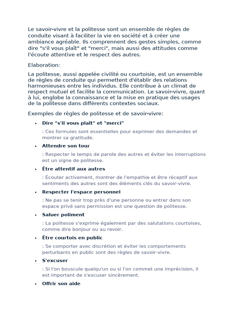 Règles de politesse et savoir-vivre | PDF