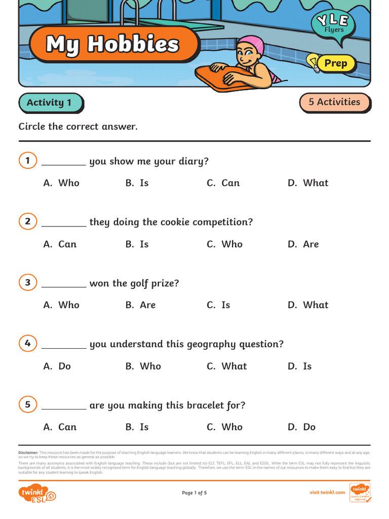 YLE Flyers Prep Lesson My Hobbies Kids A2 | PDF | English As A Second ...